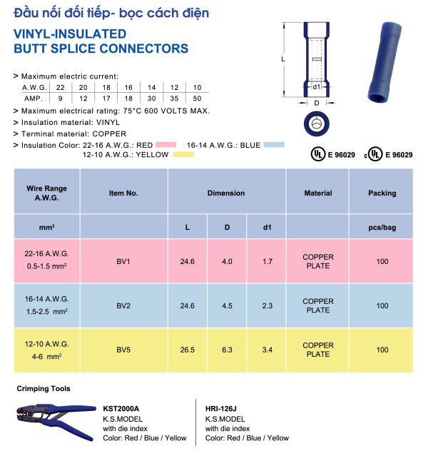 Cosse nối 2 đầu bọc nhựa chính hãng KST